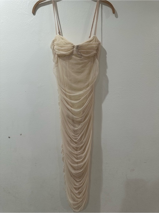 Meshki | Dresses | Meshki Sheer Ruched Midi Dress In Nude Beige | Poshmark